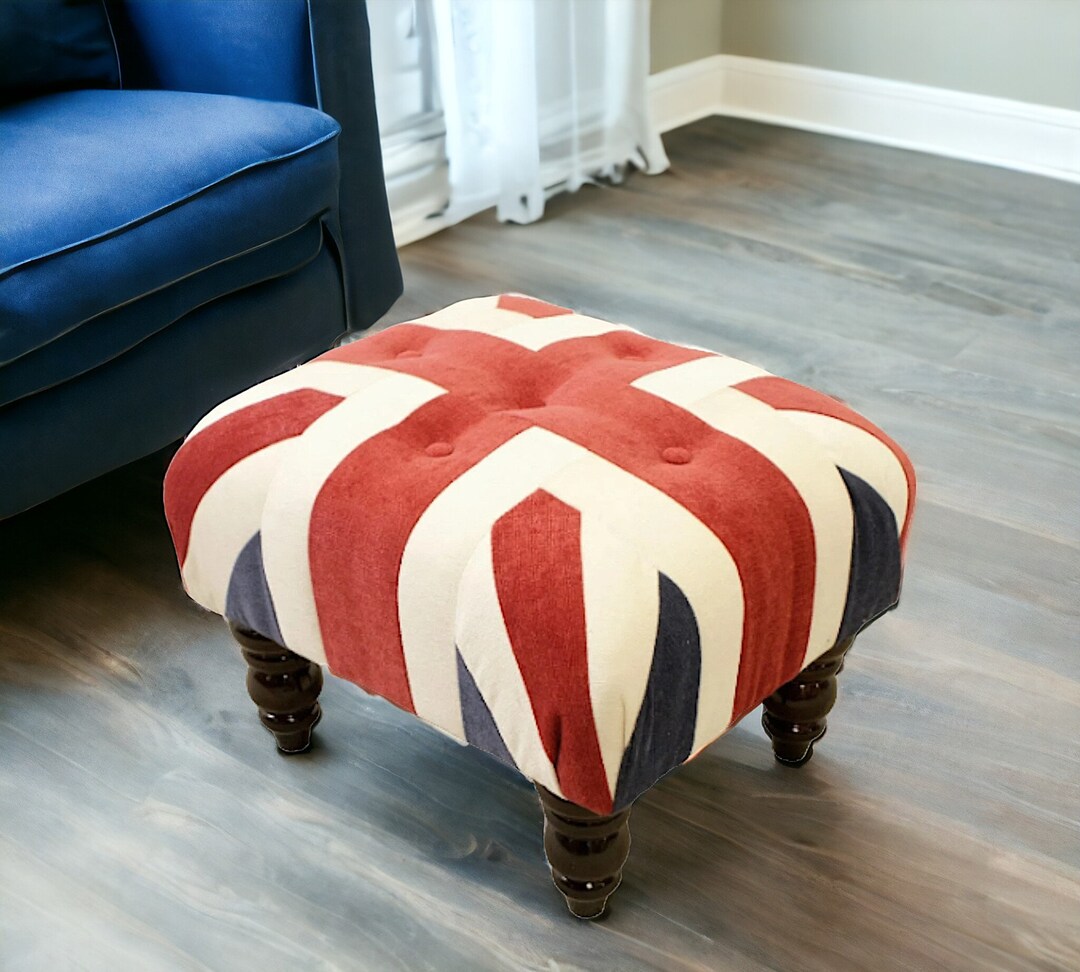 British Small Union jack footstool in velvet buttoned Sturdy wood frame ...
