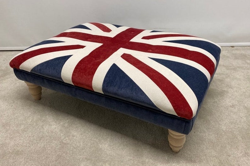 Union Jack Grey Velvet Footstool, British Made, Wood Legs (64 X 94cm ...