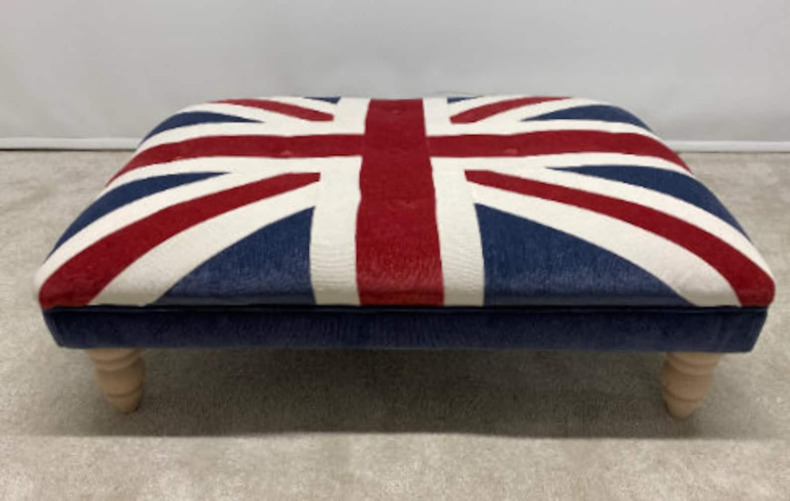 Union Jack Grey Velvet Footstool, British Made, Wood Legs (64 X 94cm ...