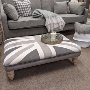 Union Jack Grey Velvet Footstool, British Made, Wood Legs (64 X 94cm ...