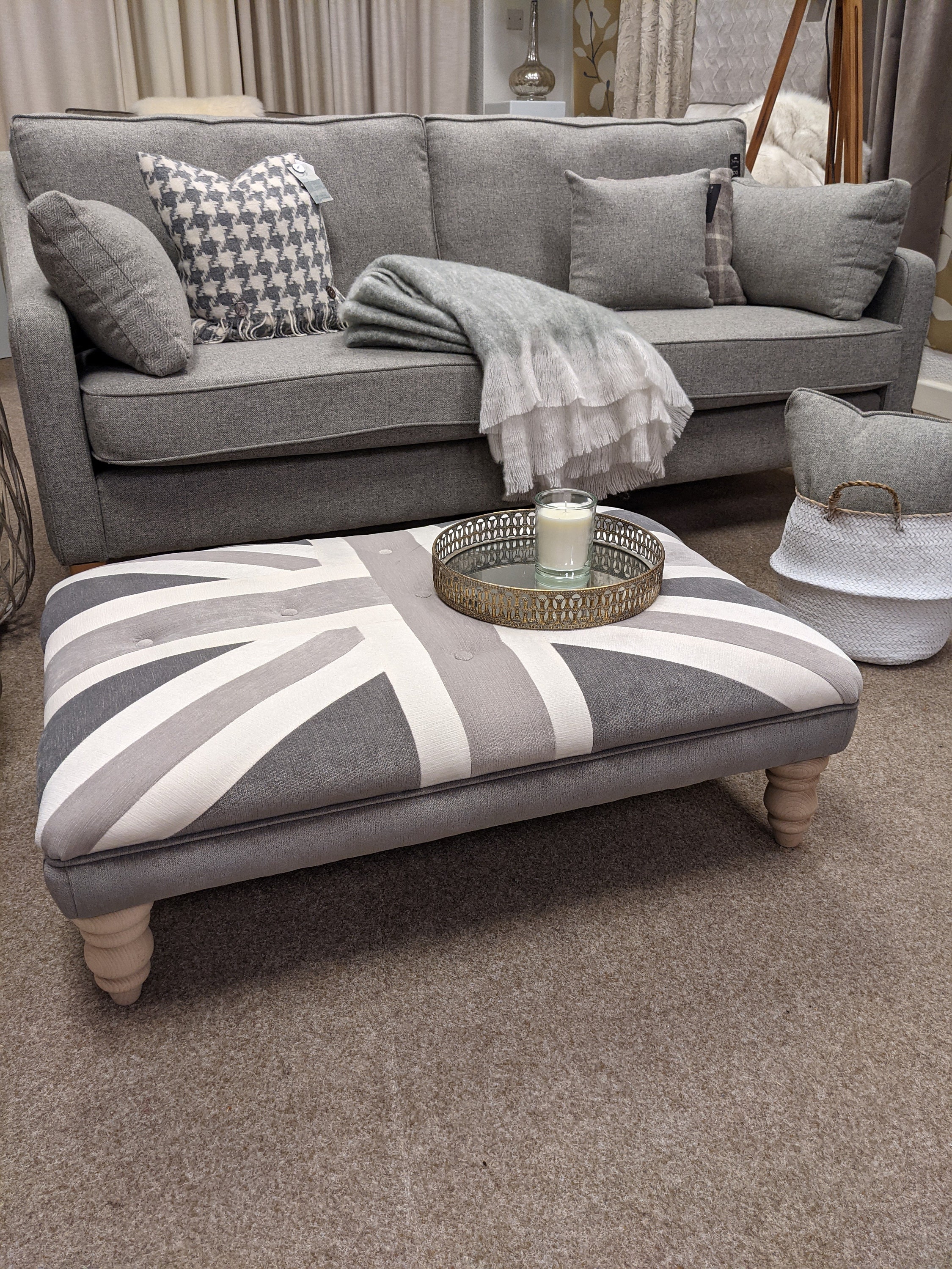 Union Jack Grey Velvet Footstool, British Made, Wood Legs (64 X 94cm ...