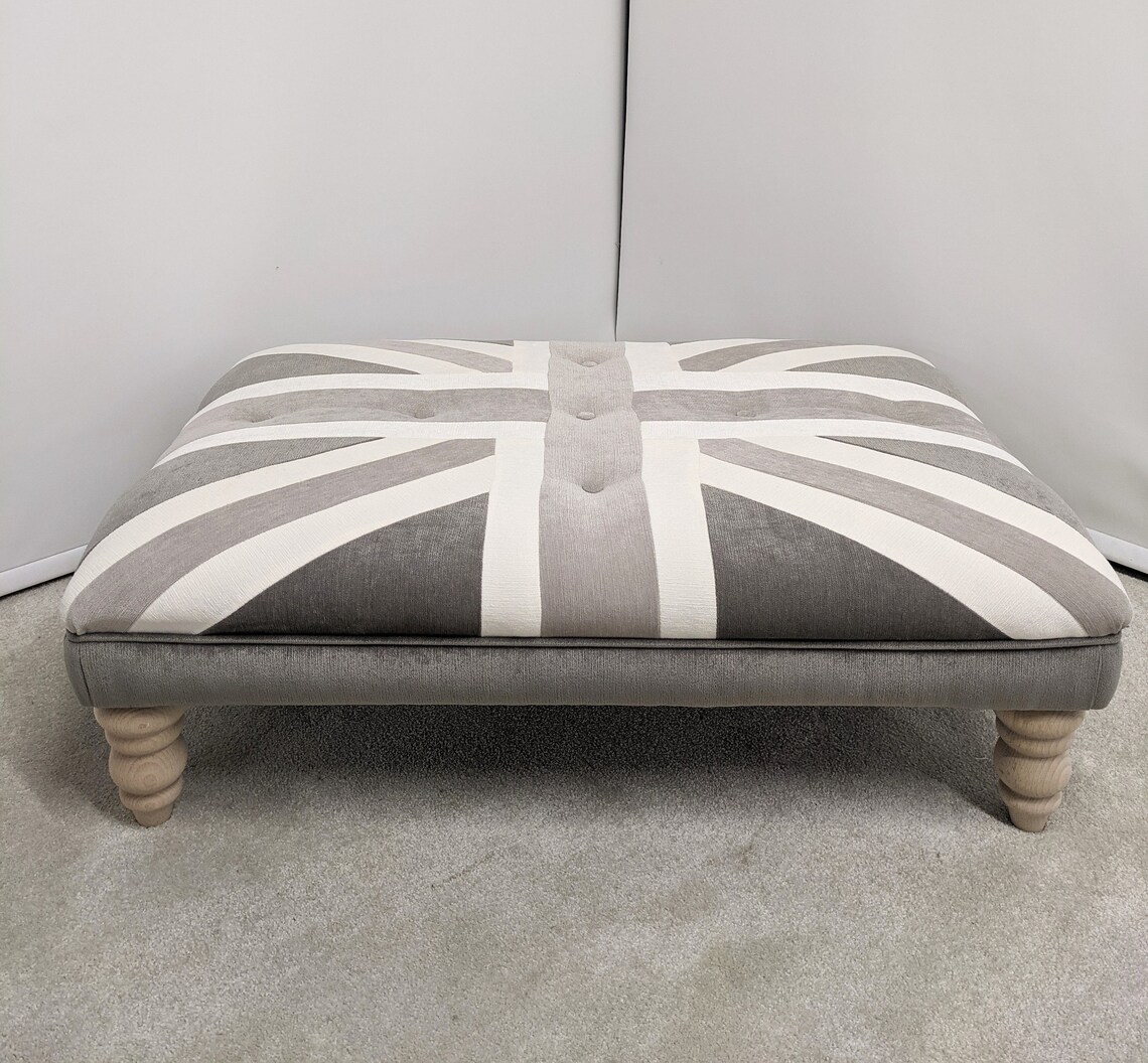 Union Jack Grey Velvet Footstool, British Made, Wood Legs (64 X 94cm ...
