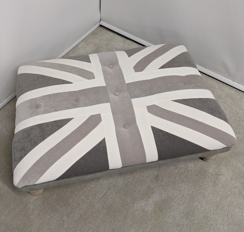 Union Jack Grey Velvet Footstool, British Made, Wood Legs (64 X 94cm ...