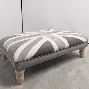 Union Jack Grey Velvet Footstool, British Made, Wood Legs (64 X 94cm ...
