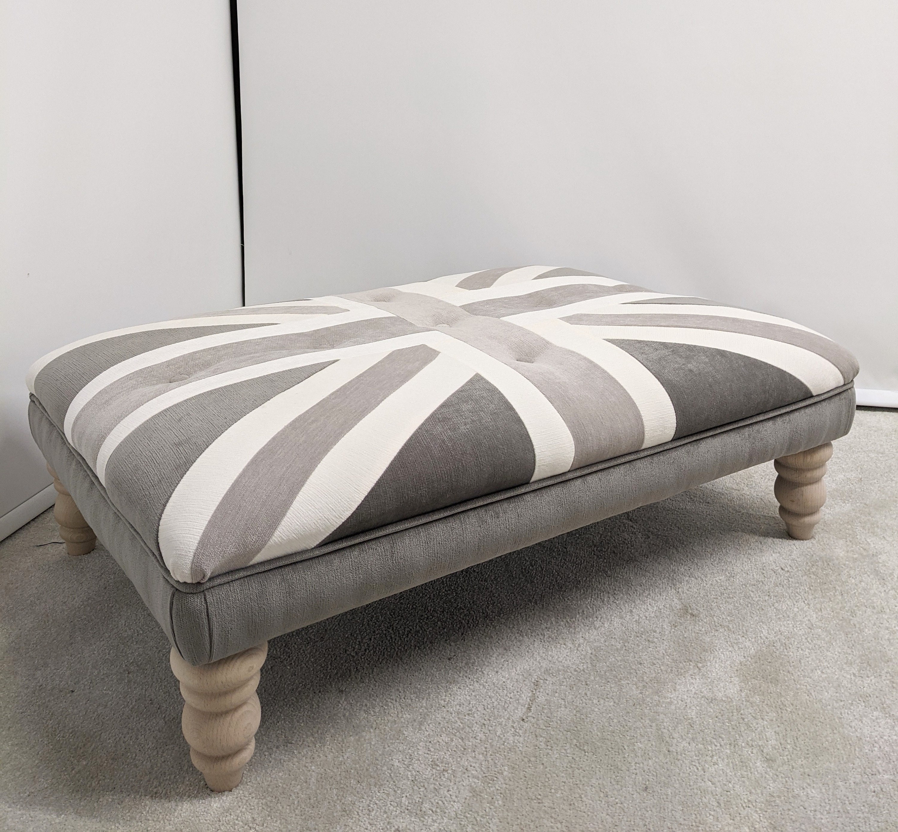 Union Jack Grey Velvet Footstool, British Made, Wood Legs (64 X 94cm ...