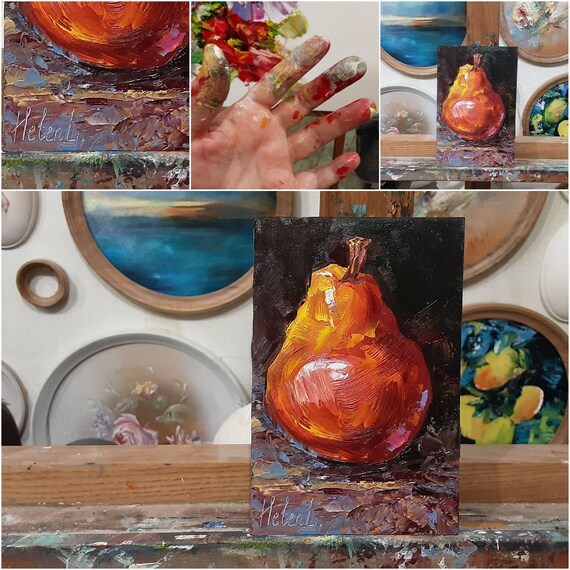 Painting Art & Collectibles Pear painting.Mini Still life Oil Painting ...