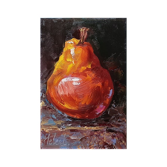 Painting Art & Collectibles Pear painting.Mini Still life Oil Painting ...