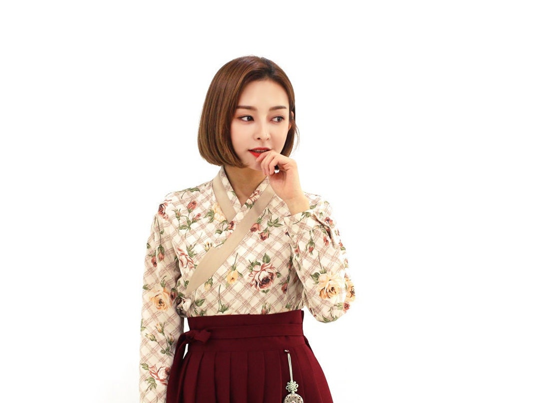 Hanbok Women Rose Check Blouse Jeogori, Korean Modern Hanbok Casual ...