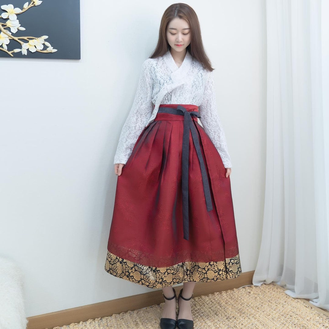 Hanbok Women Wrap Skirt, Gold Foil Print Korean Modern Hanbok Casual ...