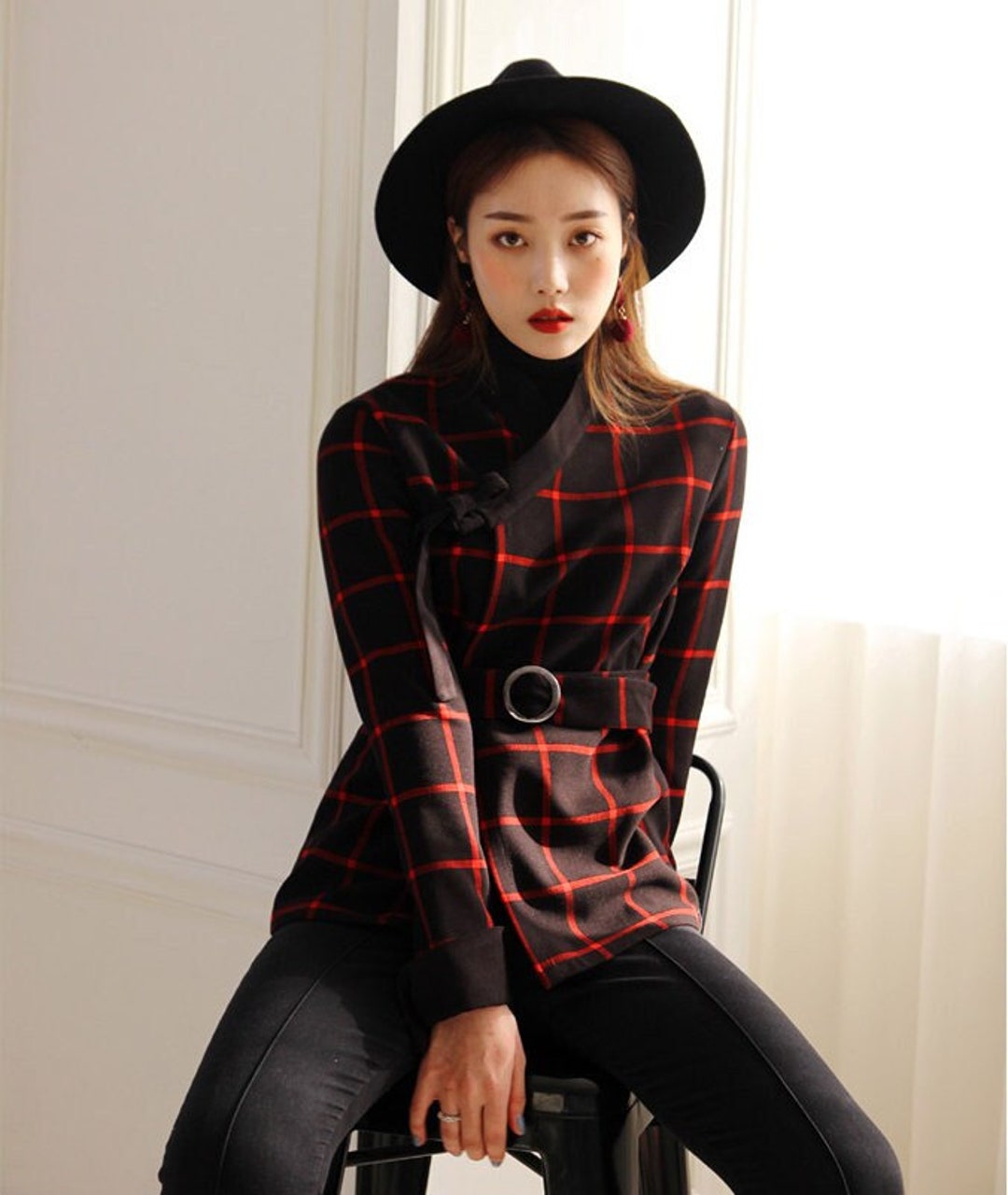 Hanbok Red Check Pattern Jacket Top for Women, Korean Modern Hanbok ...