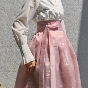 Hanbok Women Pink Check Skirt, Sheer Modern Hanbok Wrap Skirt With ...