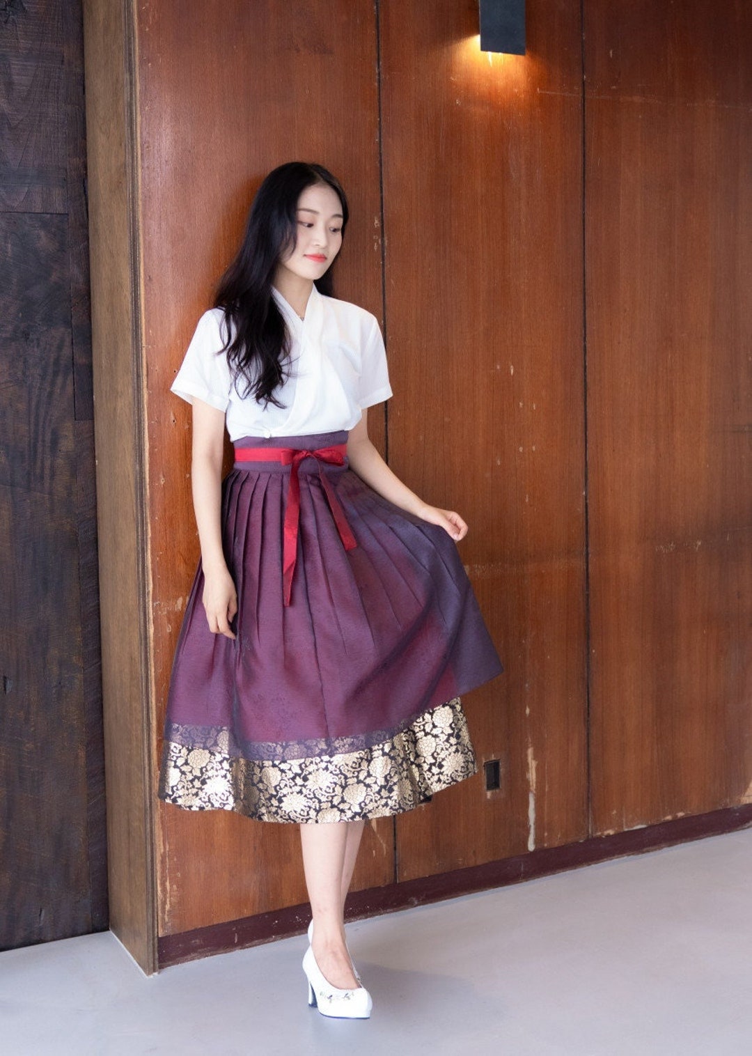 Hanbok Women Wrap Skirt, Gold Foil Print Korean Modern Hanbok Casual ...