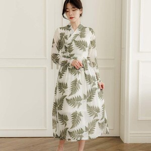 Hanbok Women Leaf Pattern Dress, Korean Modern Hanbok Wrap Style Dress ...