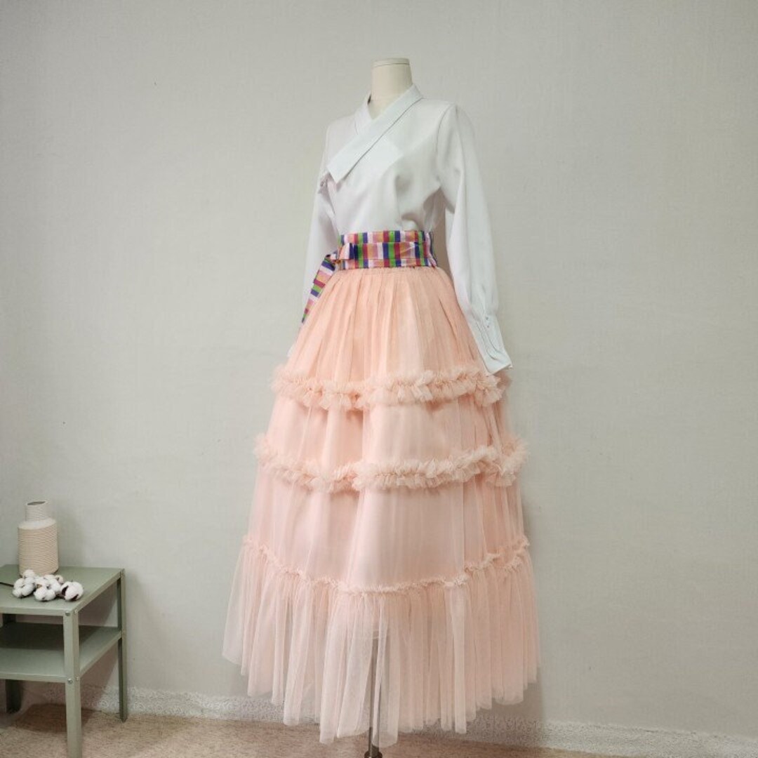 Hanbok Layered Tulle Wrap Long See -through Skirt, Korean Modern Hanbok ...