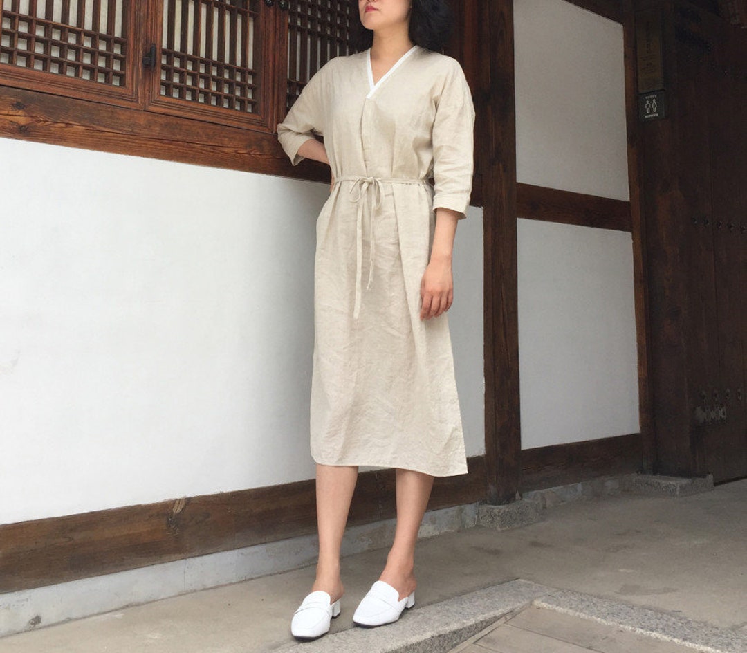 Hanbok Women Linen Dress, Korean Modern Hanbok 3/4sleeve Dress, Korea ...