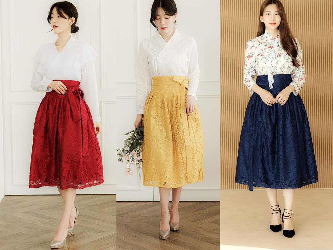 Hanbok Women Skirt, Korean Modern Hanbok Flower Lace Skirt Casual Party ...