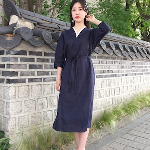 Hanbok Women Linen Dress, Korean Modern Hanbok 3/4sleeve Dress, Korea ...