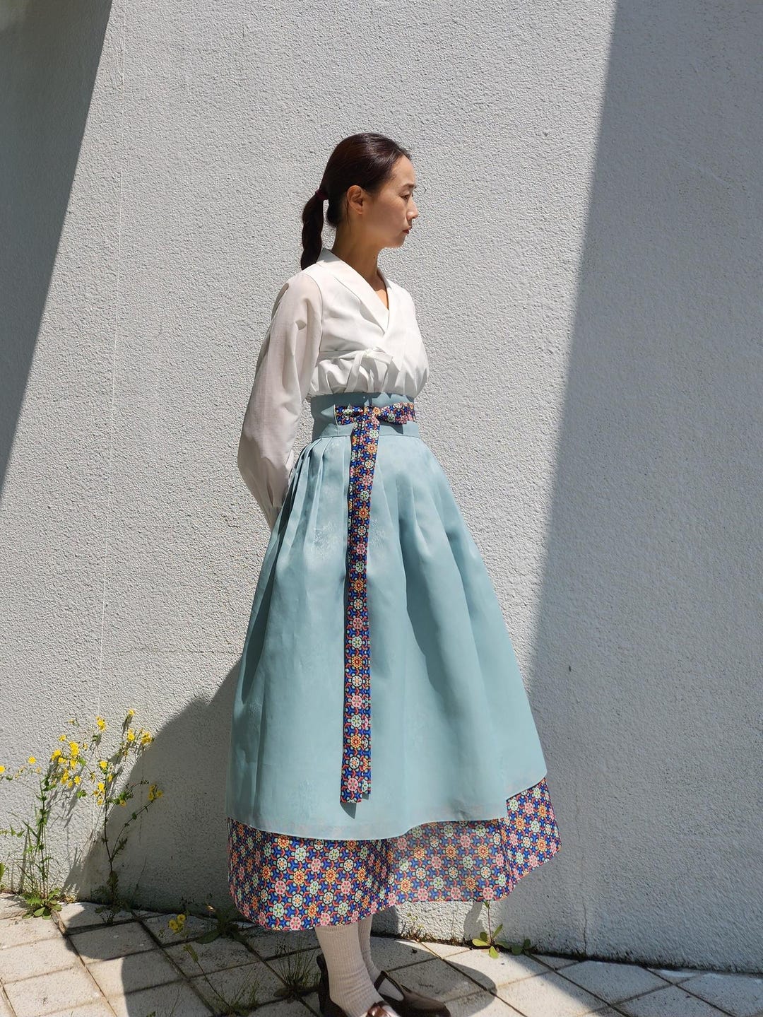 Hanbok Women Seuran Skirt, Traditional Korean Hanbok Sky Blue Wrap ...