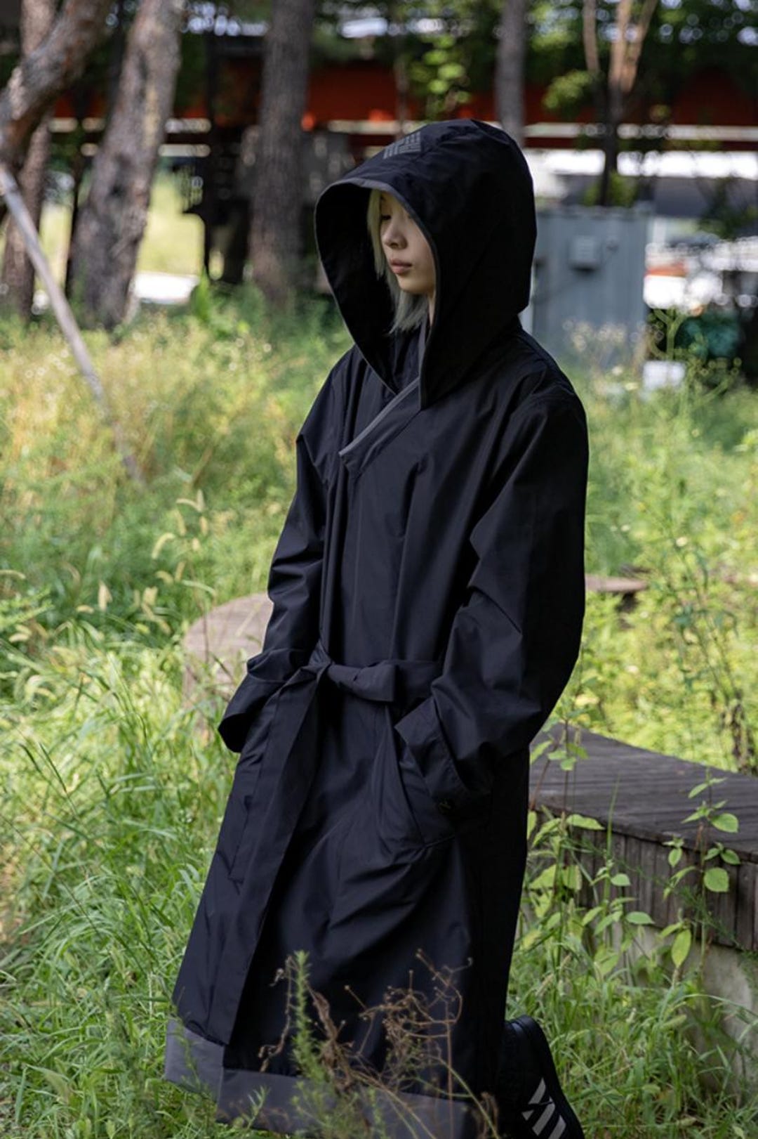 Modern Hanbok Raincoat, Black Hooded Korean Durumagi Trench Coat ...