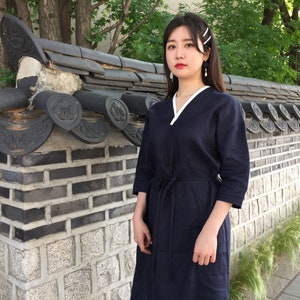 Hanbok Women Linen Dress, Korean Modern Hanbok 3/4sleeve Dress, Korea ...