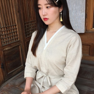 Hanbok Women Linen Dress, Korean Modern Hanbok 3/4sleeve Dress, Korea ...