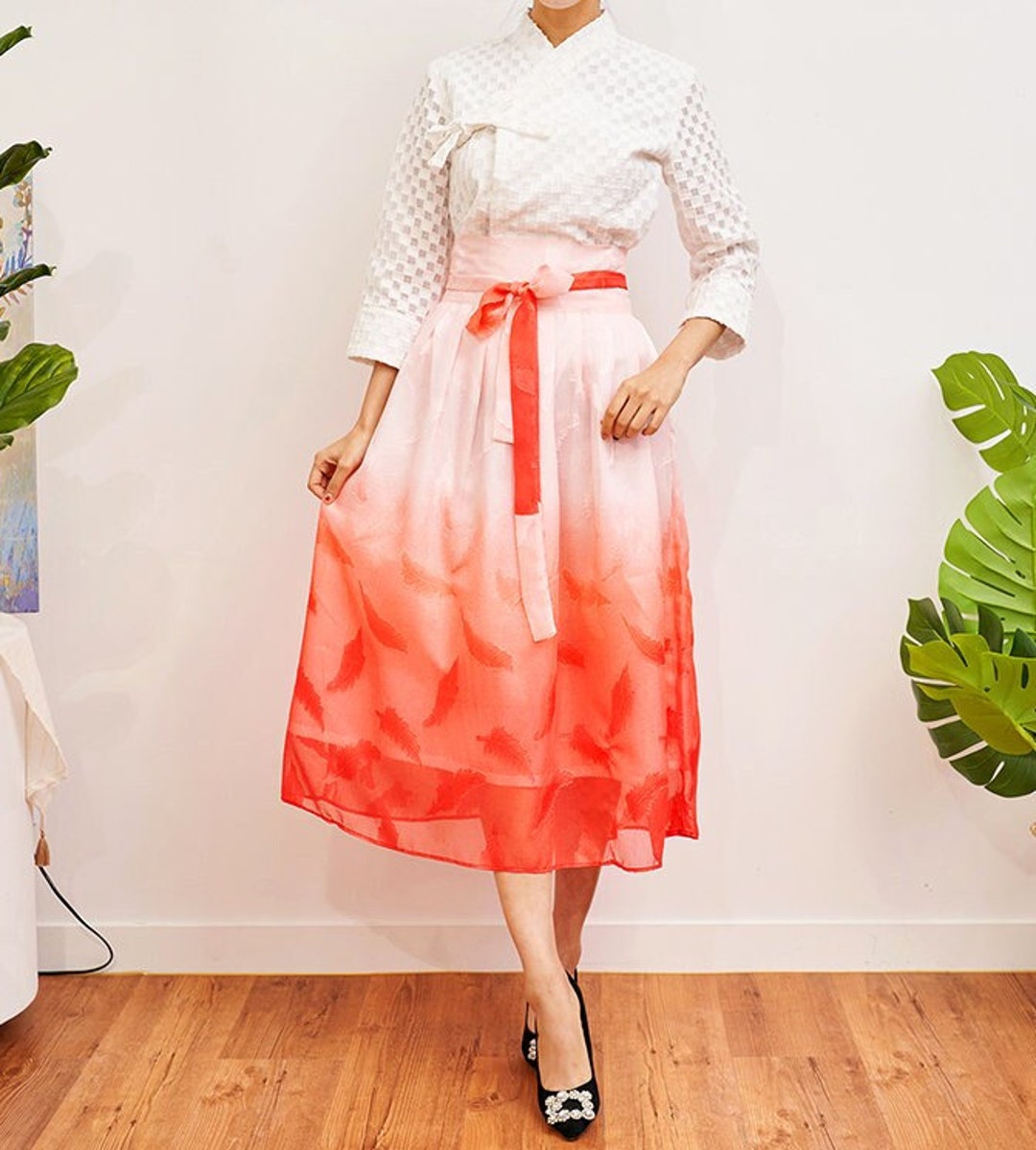 Hanbok Women Elastic Waistband Skirt, Korean Modern Hanbok Skirt Casual ...