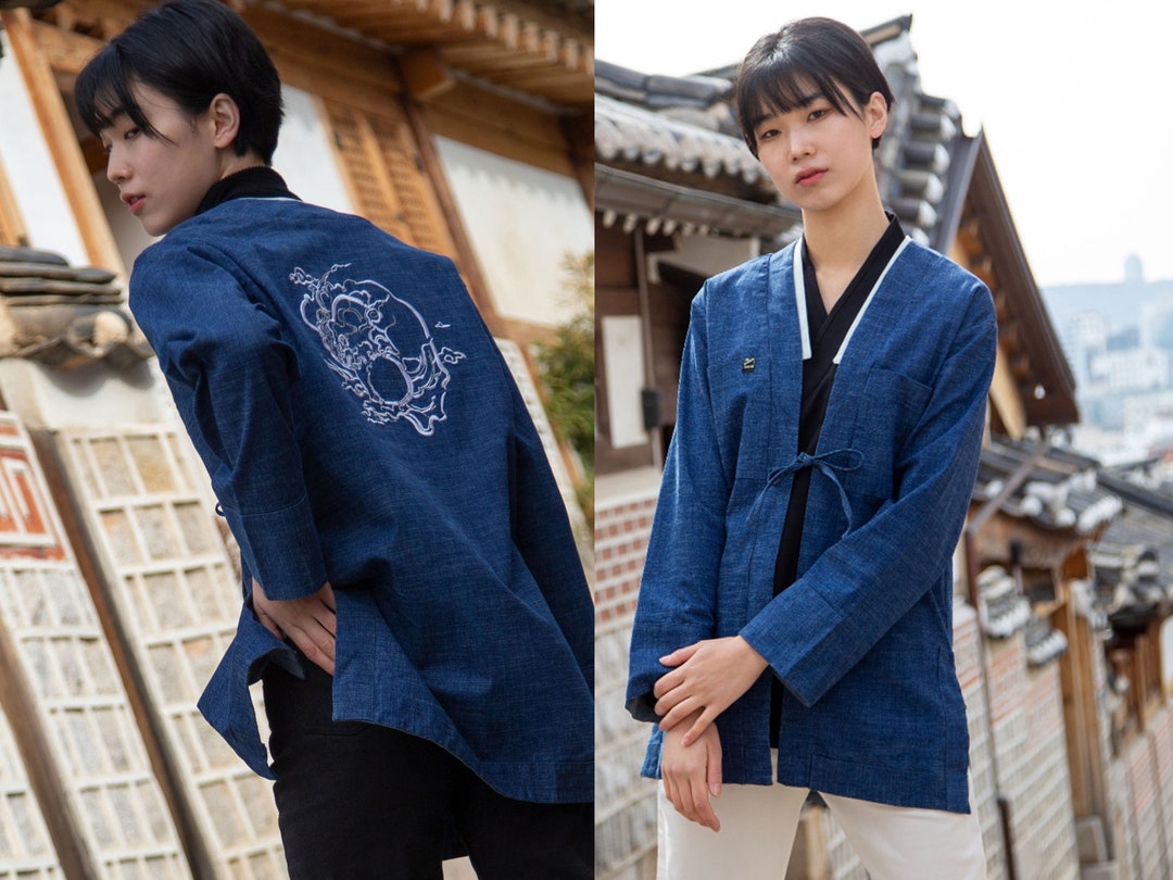 Hanbok Denim Jacket Durumagi Open Coat for Men / Women, Korean Modern ...
