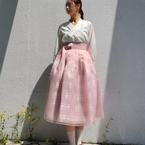Hanbok Women Pink Check Skirt, Sheer Modern Hanbok Wrap Skirt With ...