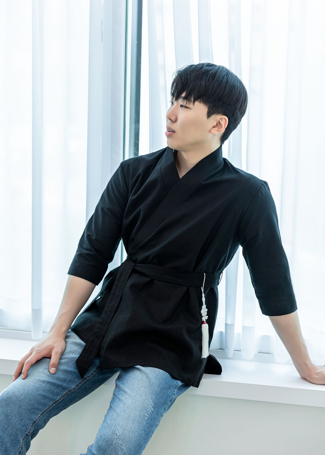 Hanbok Linen Shirt With Belt for Men Korean Modern Hanbok Top - Etsy