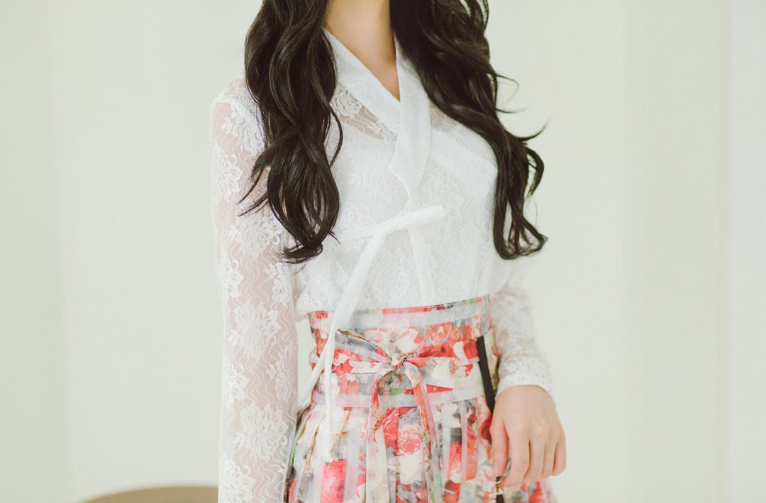 Hanbok Women See Through Lace Blouse Jeogori Top Korean Modern Hanbok Casual Party Dress