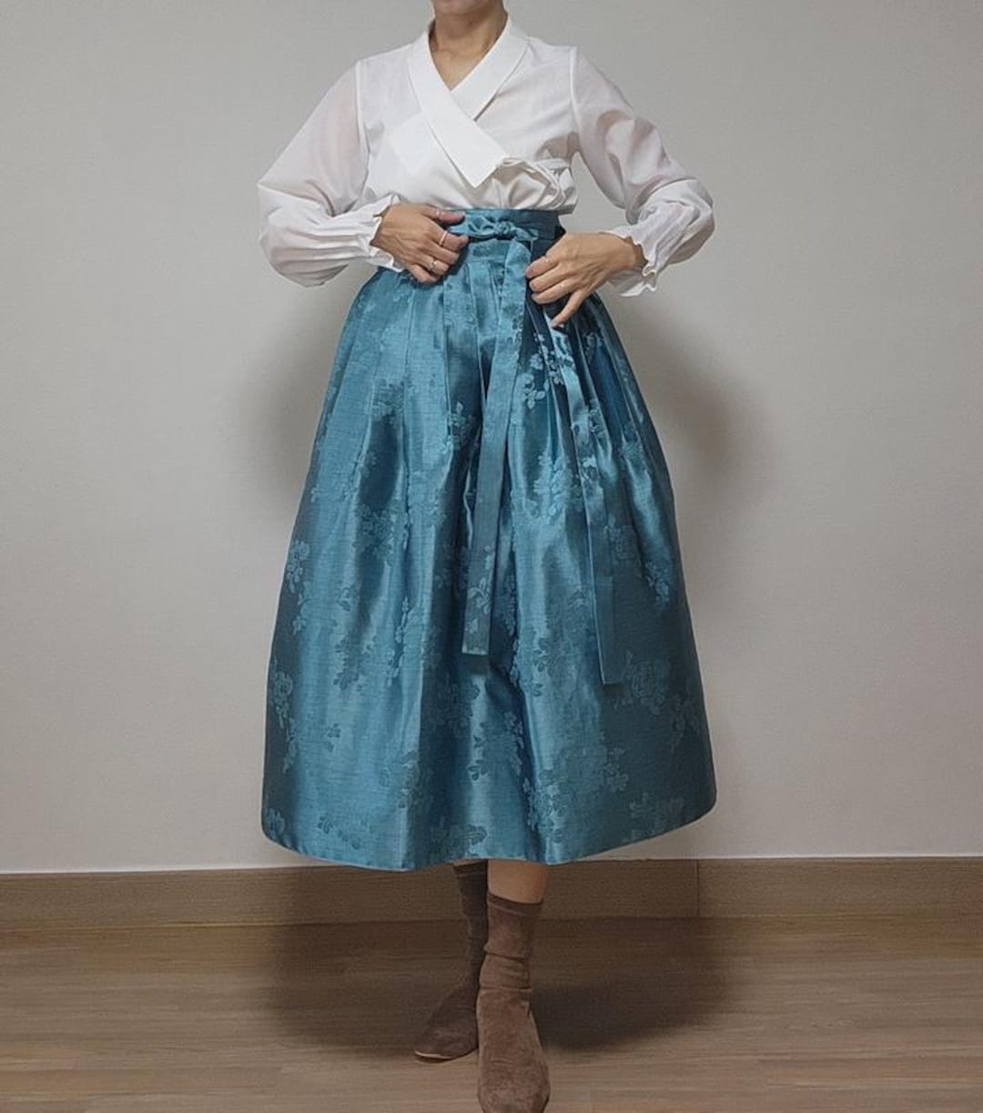 Elegant Blue Floral Gloss Hanbok Wrap Long Skirt, Beautiful Korean ...