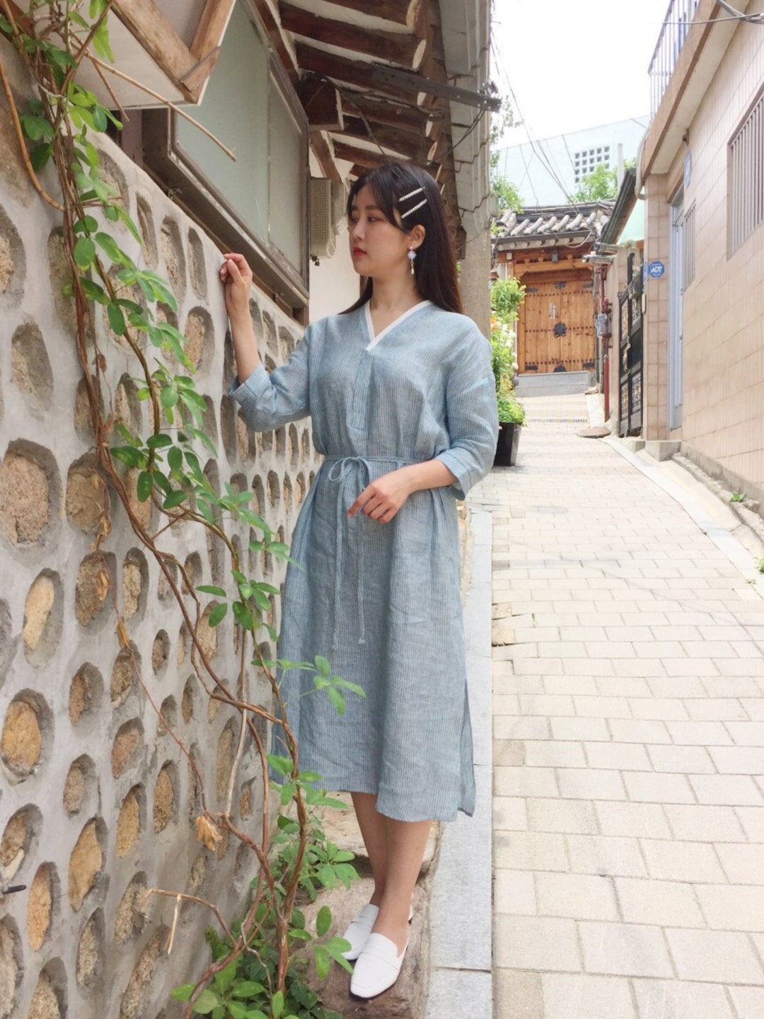 Hanbok Women Linen Dress, Korean Modern Hanbok 3/4sleeve Dress, Korea ...