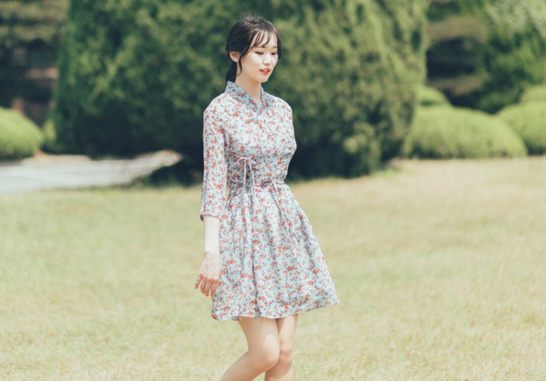 Hanbok Women Mini Dress, Korean Modern Hanbok Wrap Style Floral Chiffon ...