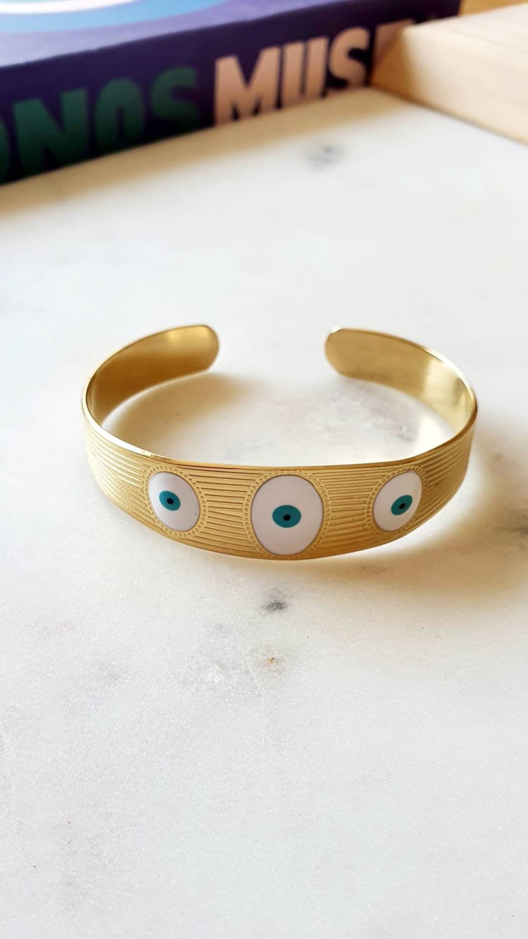 Buy Bangle Bracelet los Ojos Adjustable Gold Cuff Spouple Eye Blue ...
