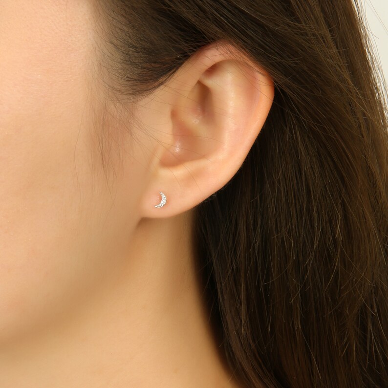 Tiny Crescent Moon Stud Earrings Tiny CZ Earrings Silver - Etsy