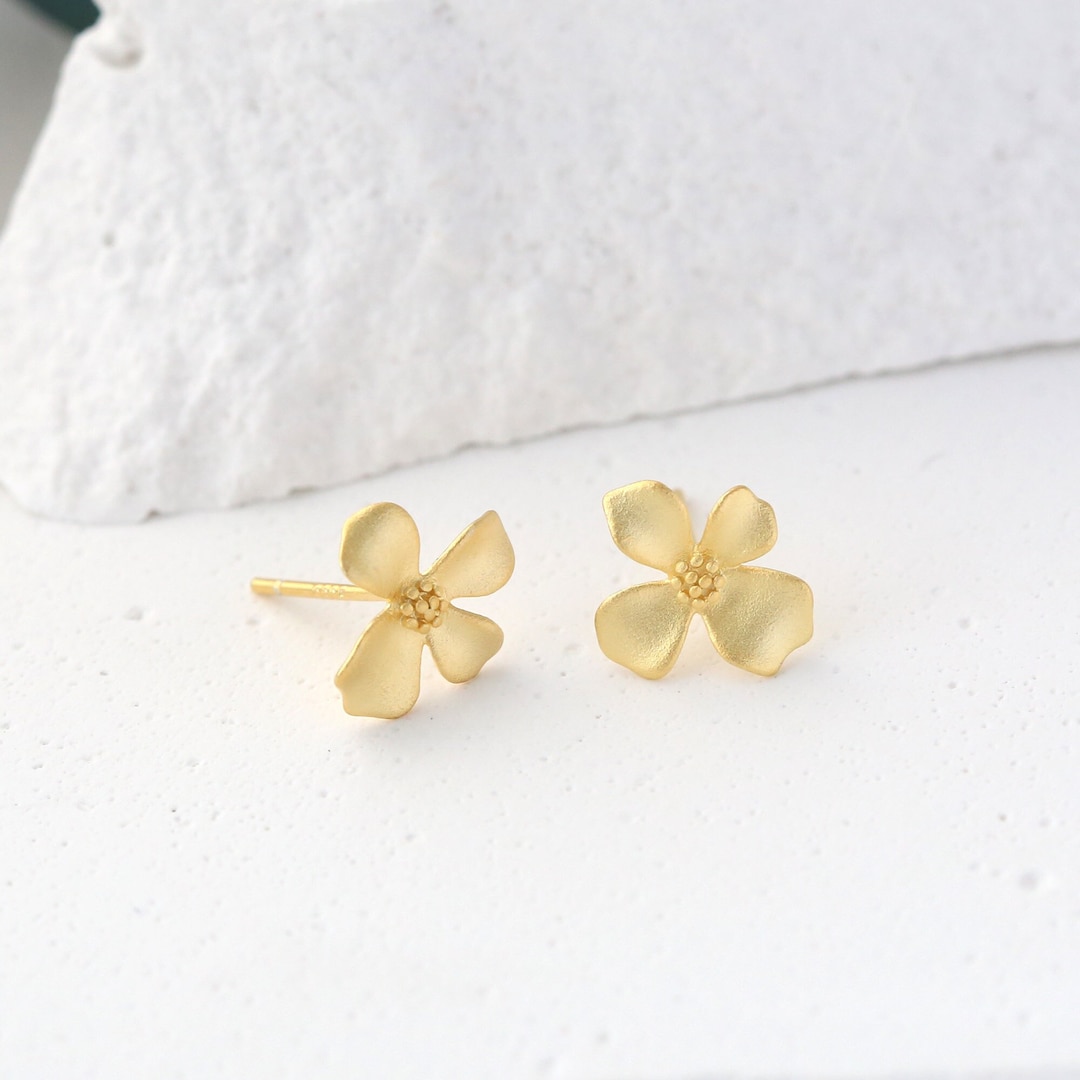 Matte Gold Flower Studs Earrings, Gardenia Petal Earrings in Sterling Silver, 3D Flower Earrings ...