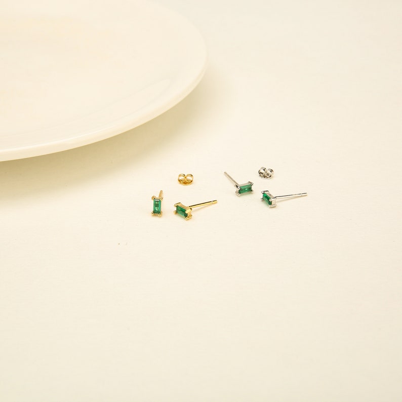 Tiny Stud Earrings Emerald Earrings Baguette CZ Stud | Etsy