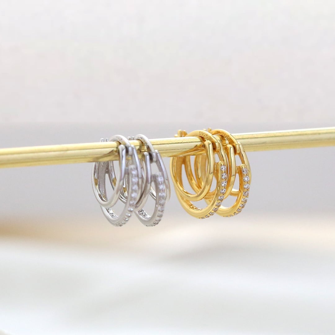 Gold Triple Hoop Earrings, Triple Row Earrings, Small Diamond Huggie ...