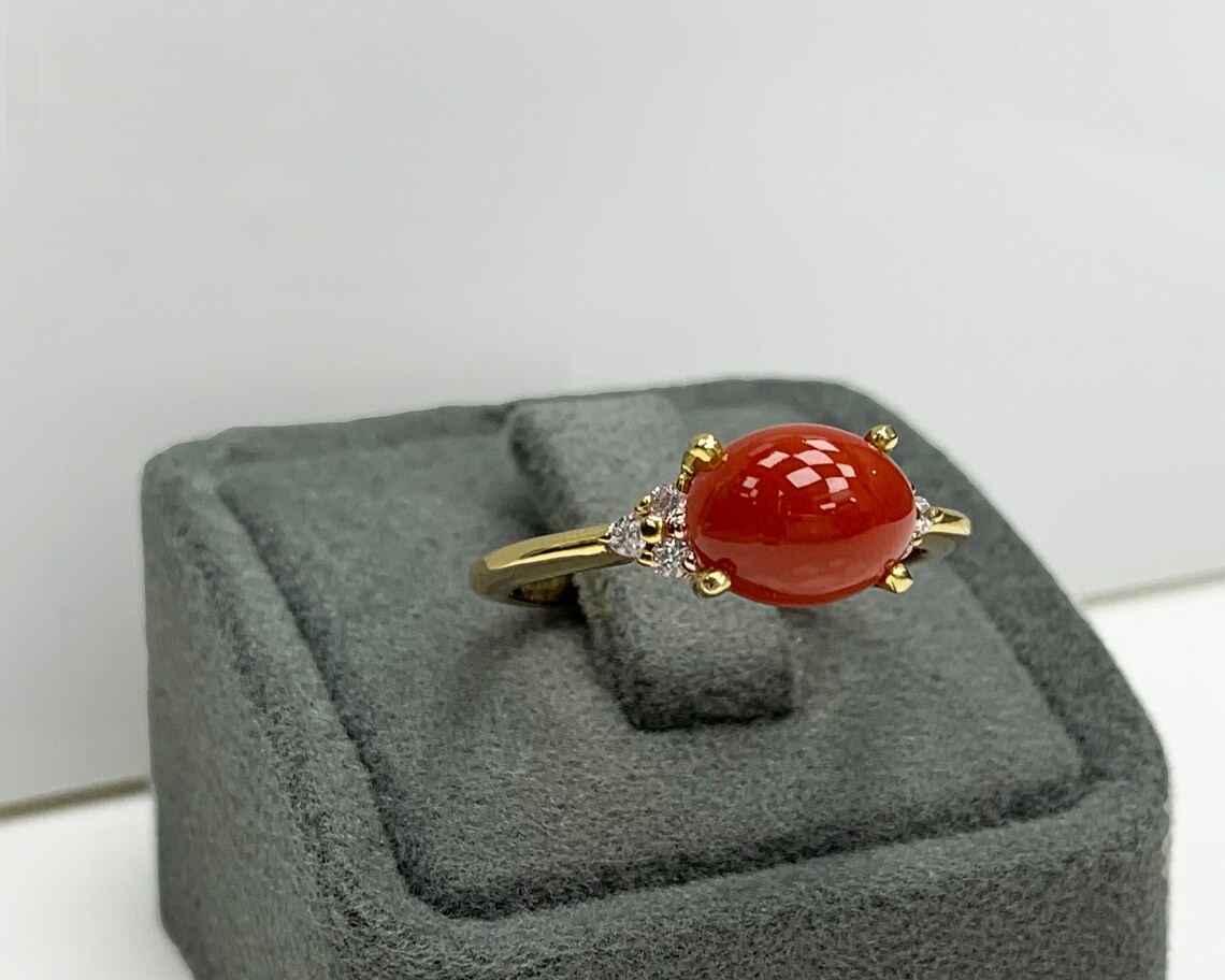 Certificated Natural Red Coral & Diamond Dainty Ring 14K | Etsy