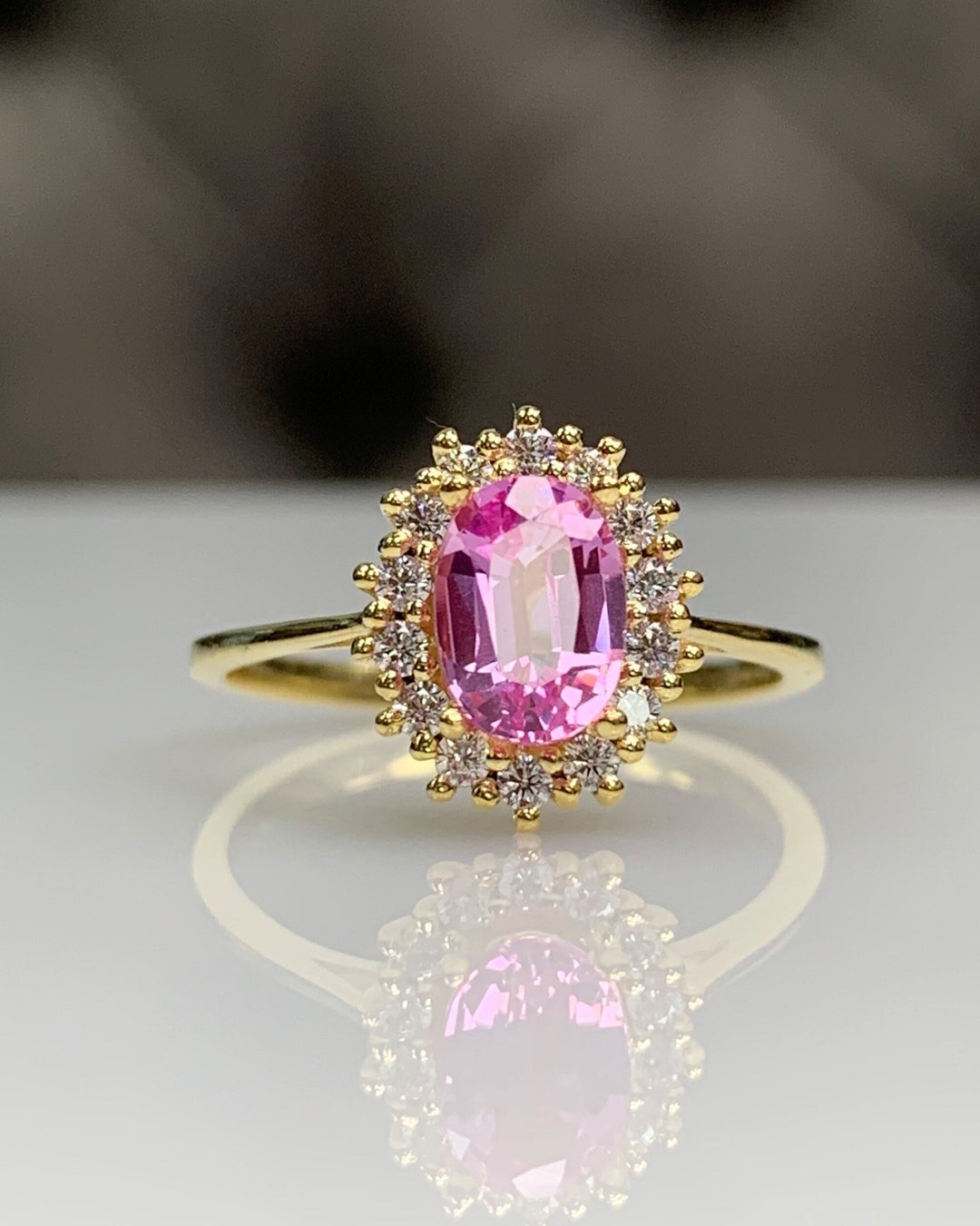Vintage Genuine Pink Sapphire Ring W/ Halo Diamond, Dainty Classic ...