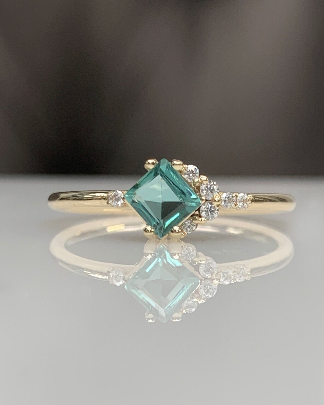 Unique Verdelite Tourmaline Cluster & Diamond, Dainty Engagement Ring ...