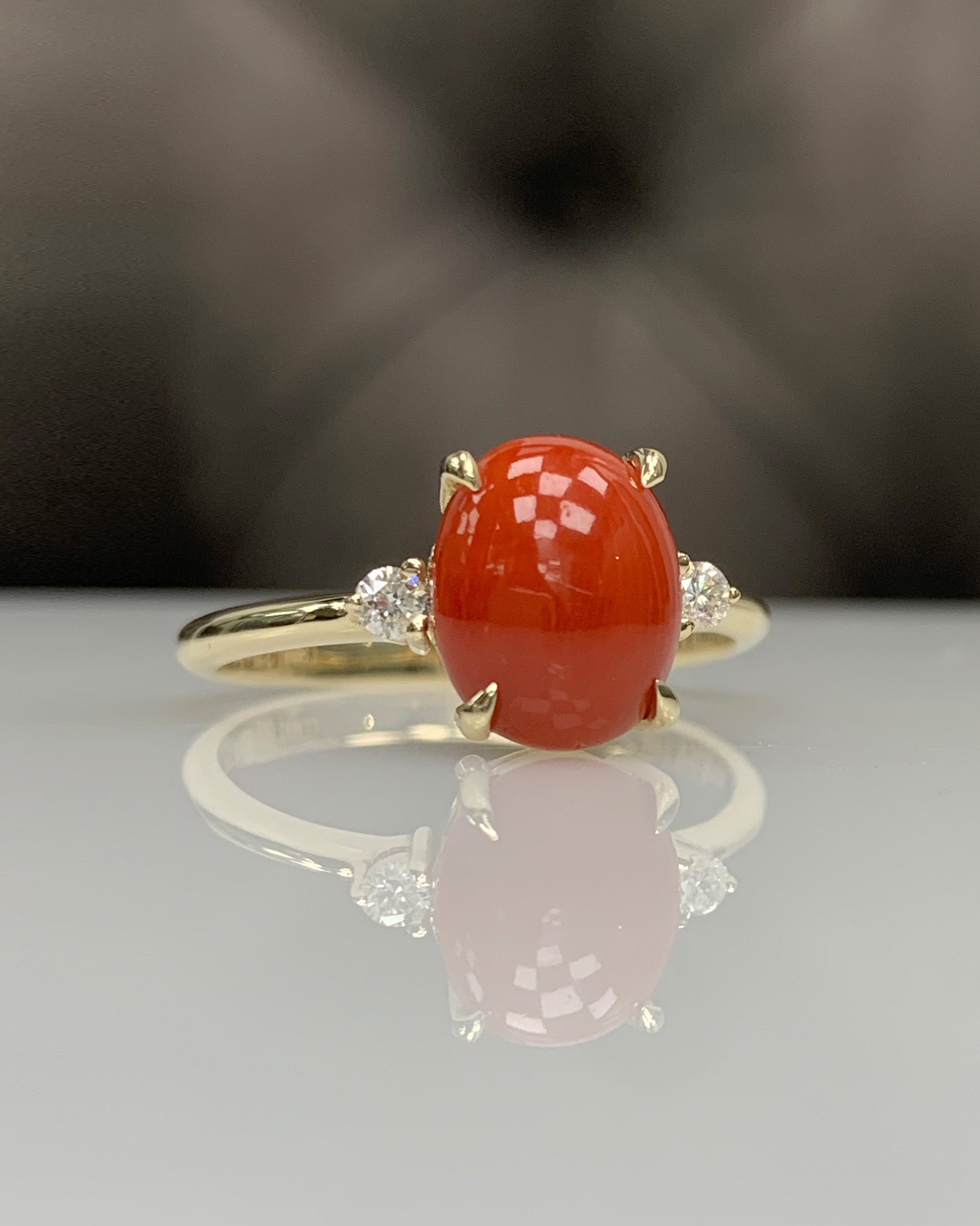 Certificated Natural Coral W/ Diamond Dainty Classic Engagement Ring ...
