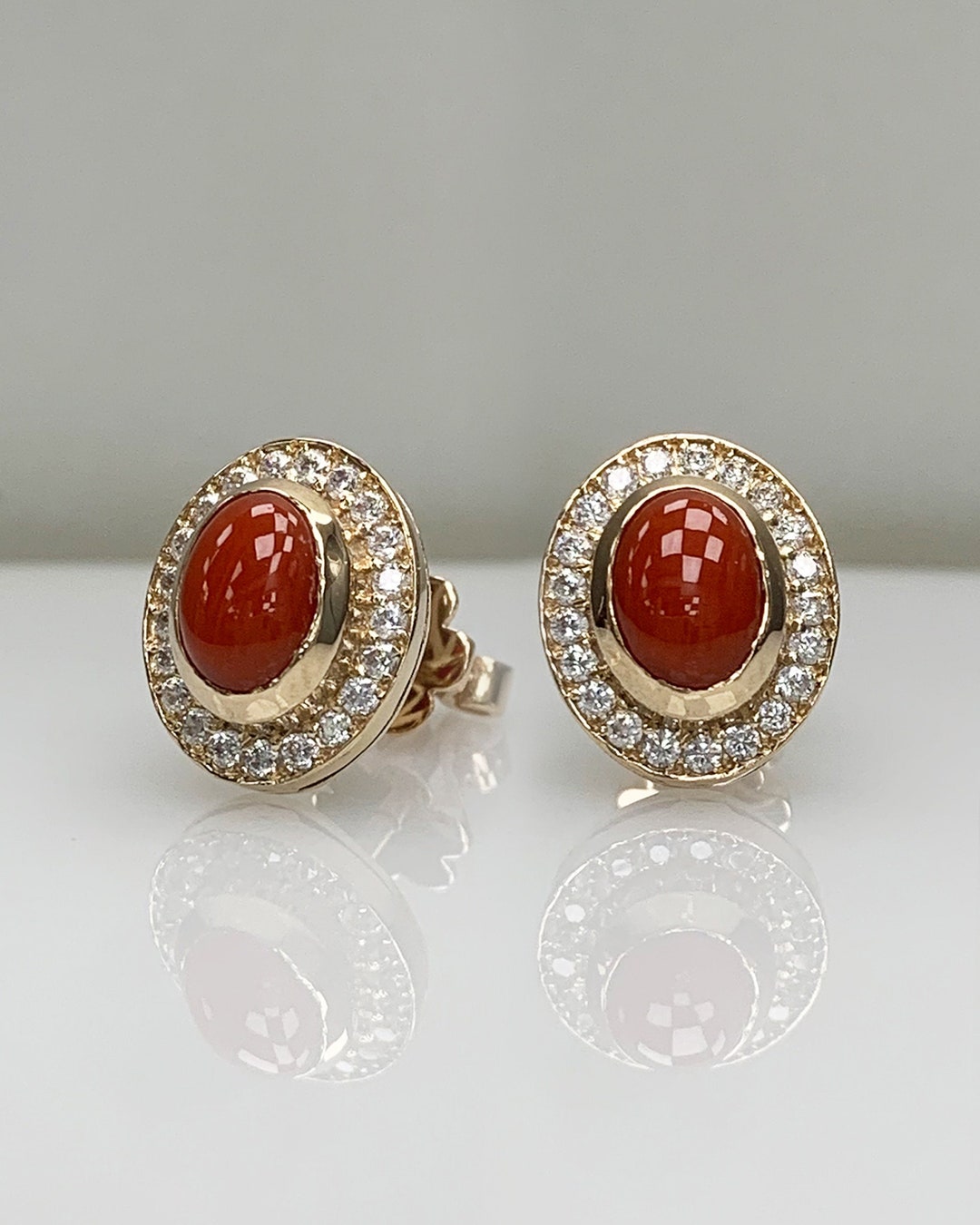 Certificated Coral Stud Earrings, 14K 8K Gold, Halo Diamond & Bezel Set ...
