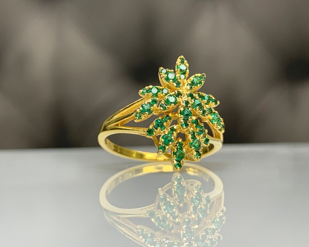 Natural Tsavorite Green Garnet Ring • Dainty Cannabis Design Ring • 14K ...