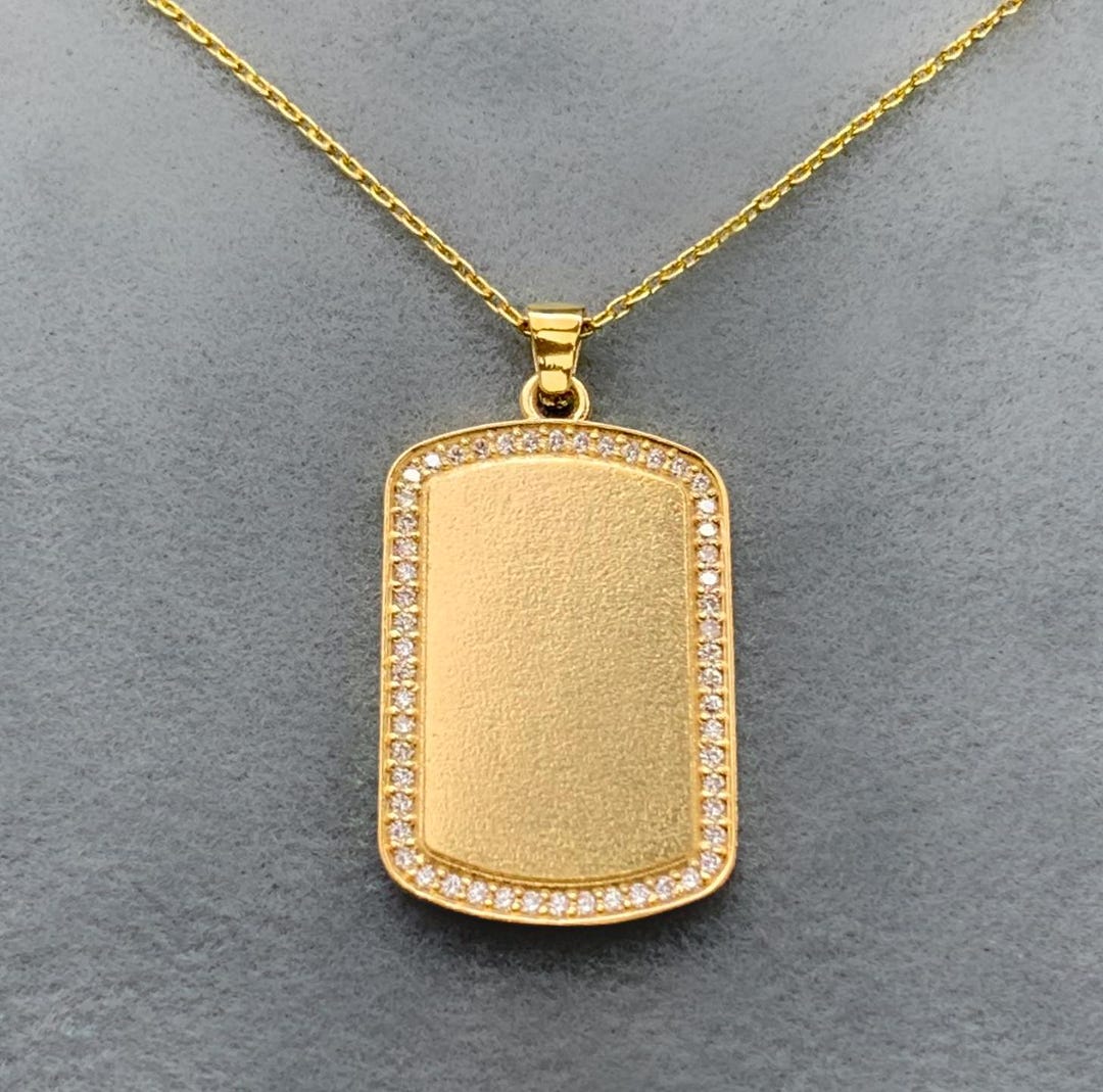 Solid Gold Plaque Necklace With Halo Diamond, Rectangle Tag Pendant ...