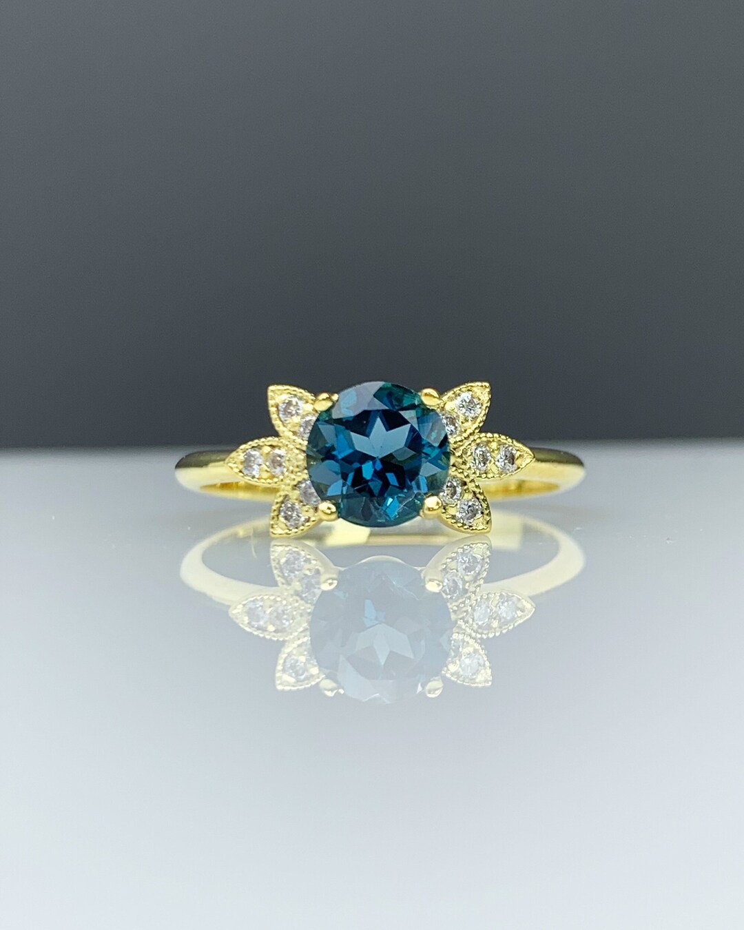 Solid Gold London Blue Topaz Cluster Ring, Stylish Butterfly Silver ...