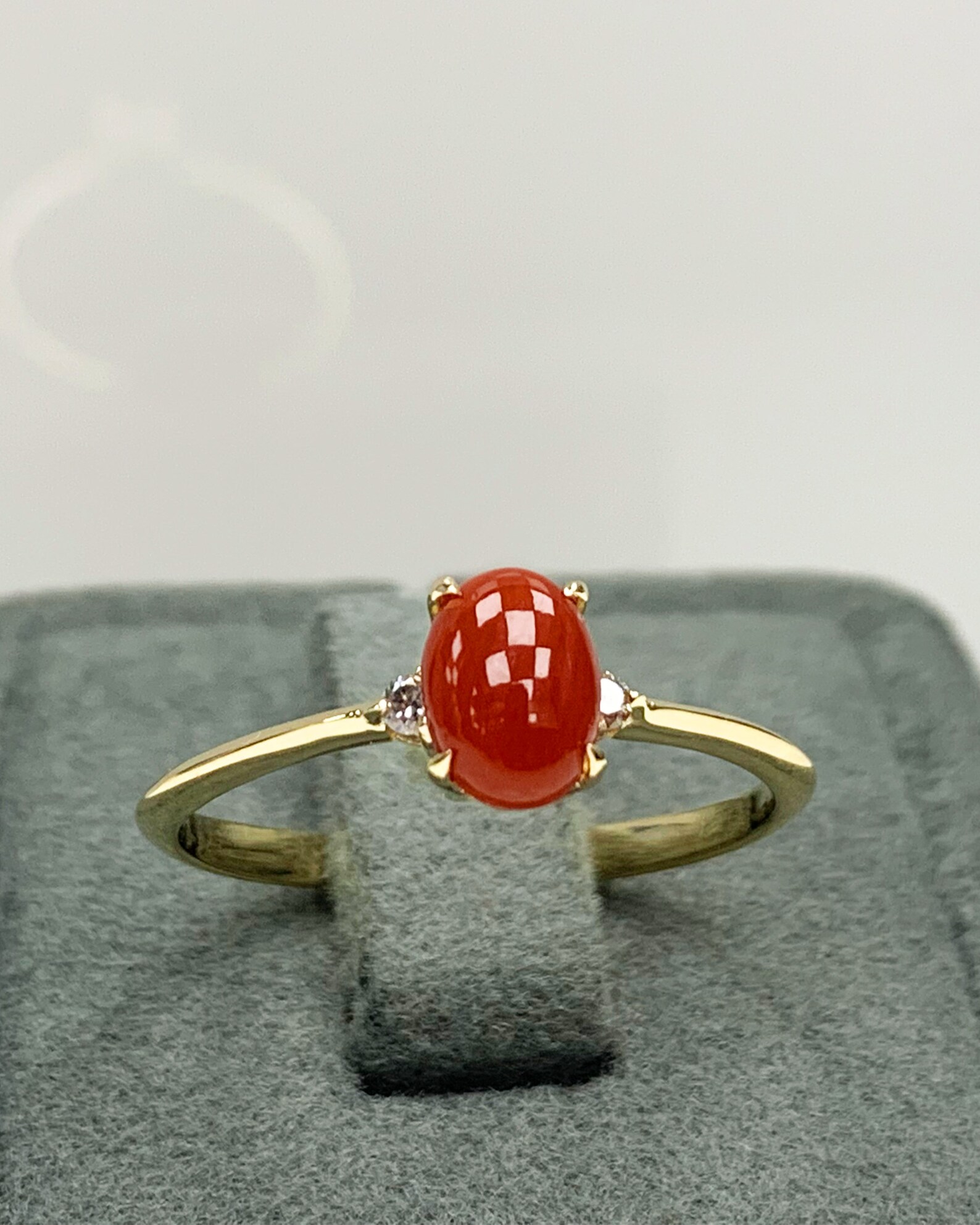 Certificated Natural Red Coral & Diamond CZ Classic Ring, Dainty ...