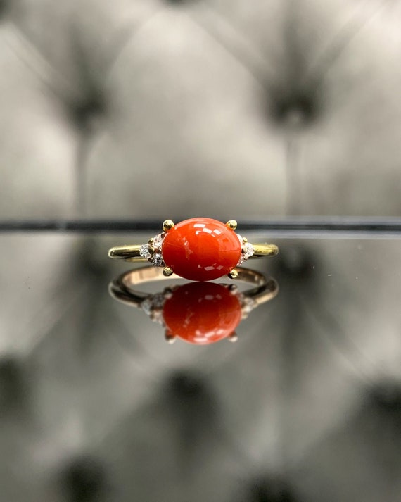 Certificated Natural Red Coral & Diamond Dainty Ring 14K - Etsy