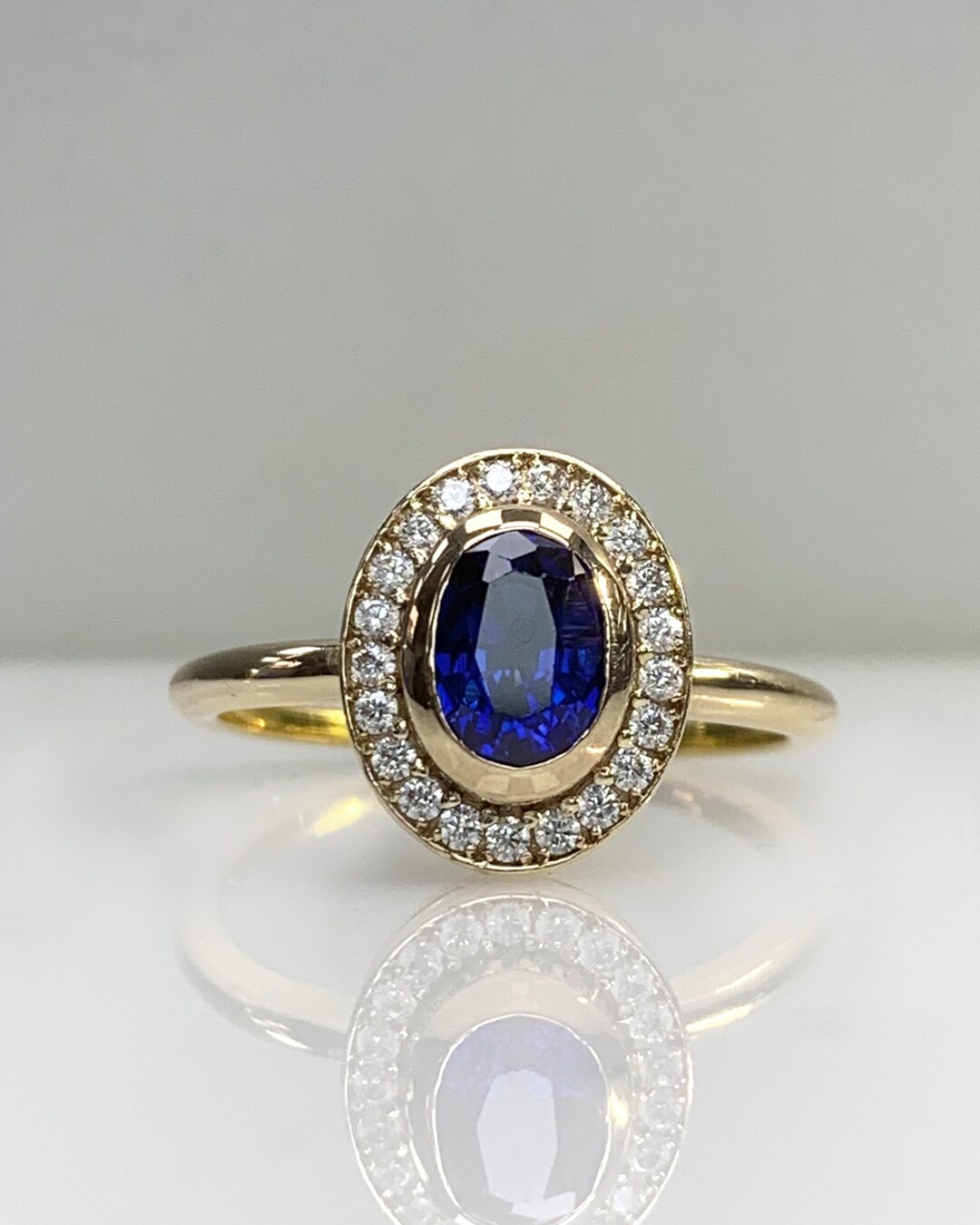 Vintage Blue Sapphire Ring W/ Halo Diamond in 14K or 8K Solid Gold ...