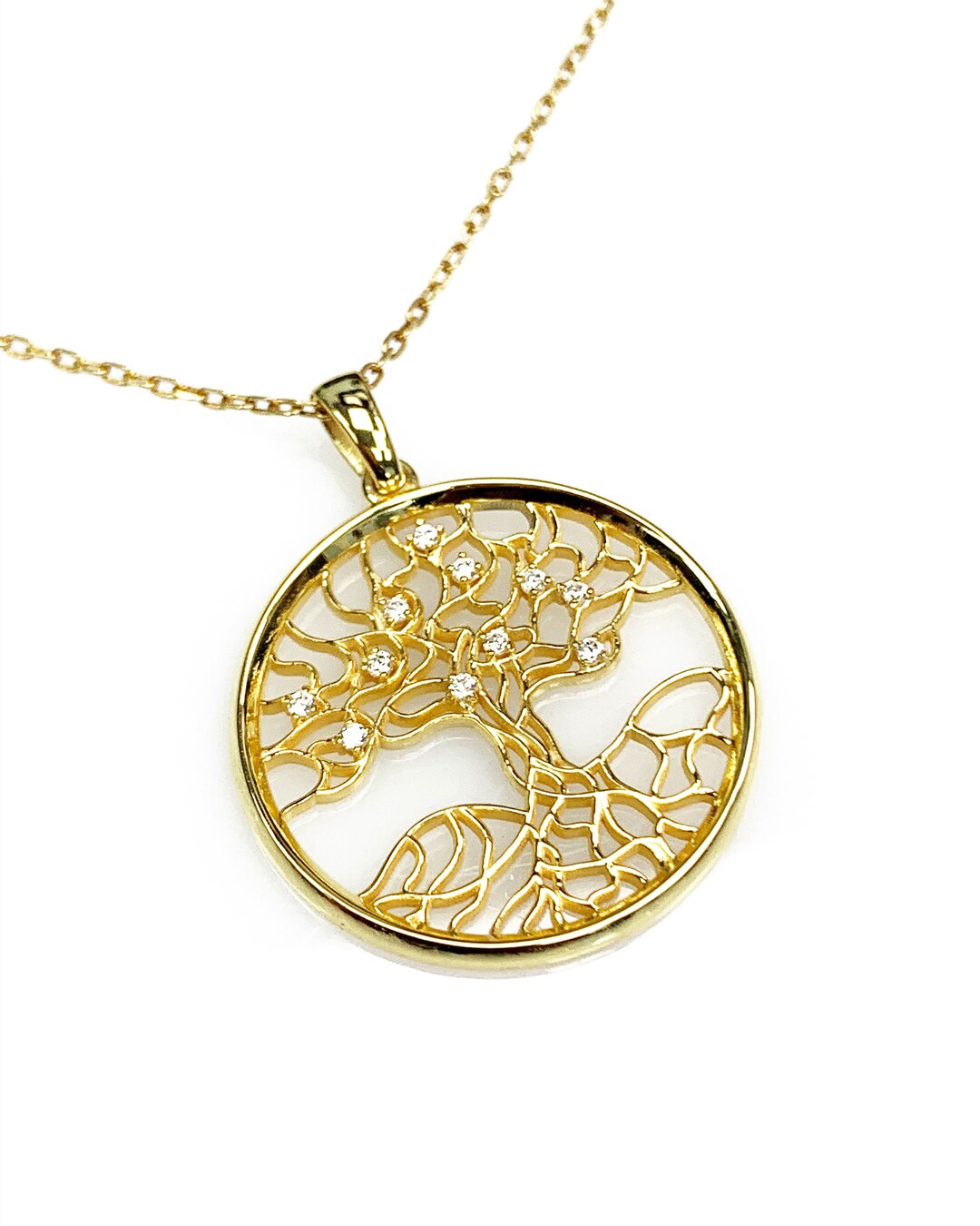 Tree of Life Necklace & Genuine Diamond, 14K Solid Gold / Silver Family ...